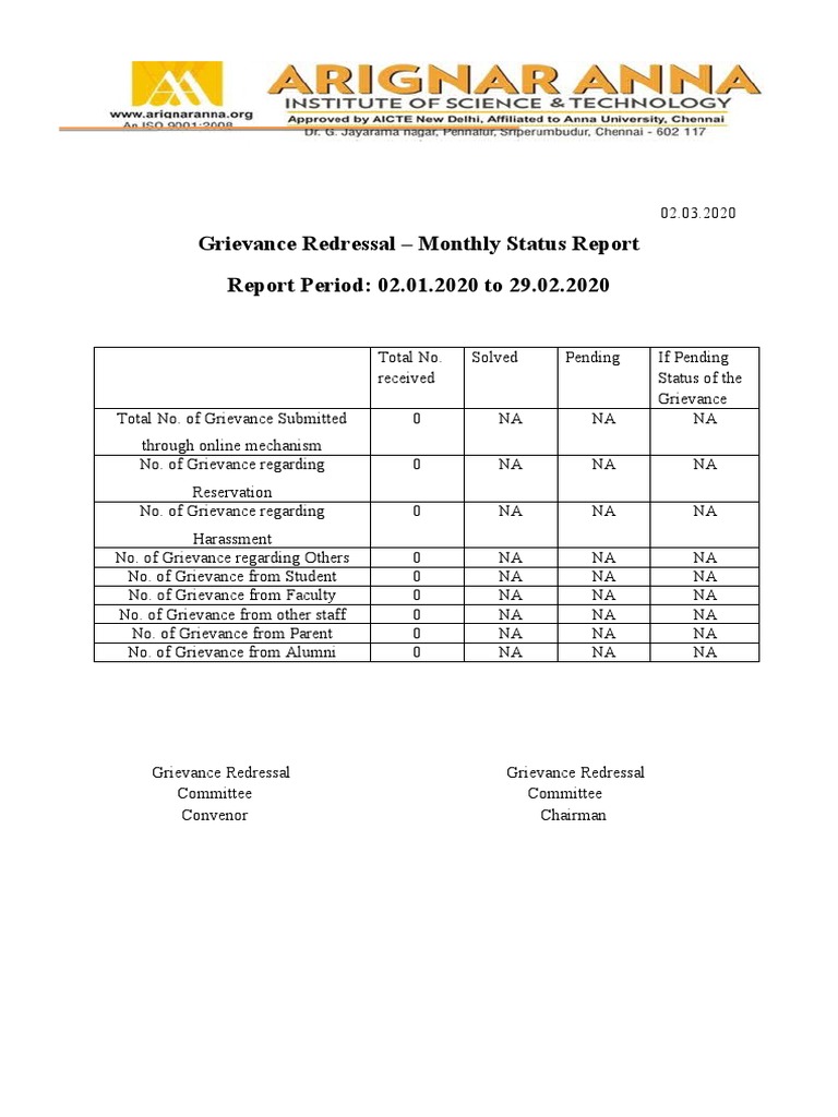 Grievance Redressal Monthly Report | PDF