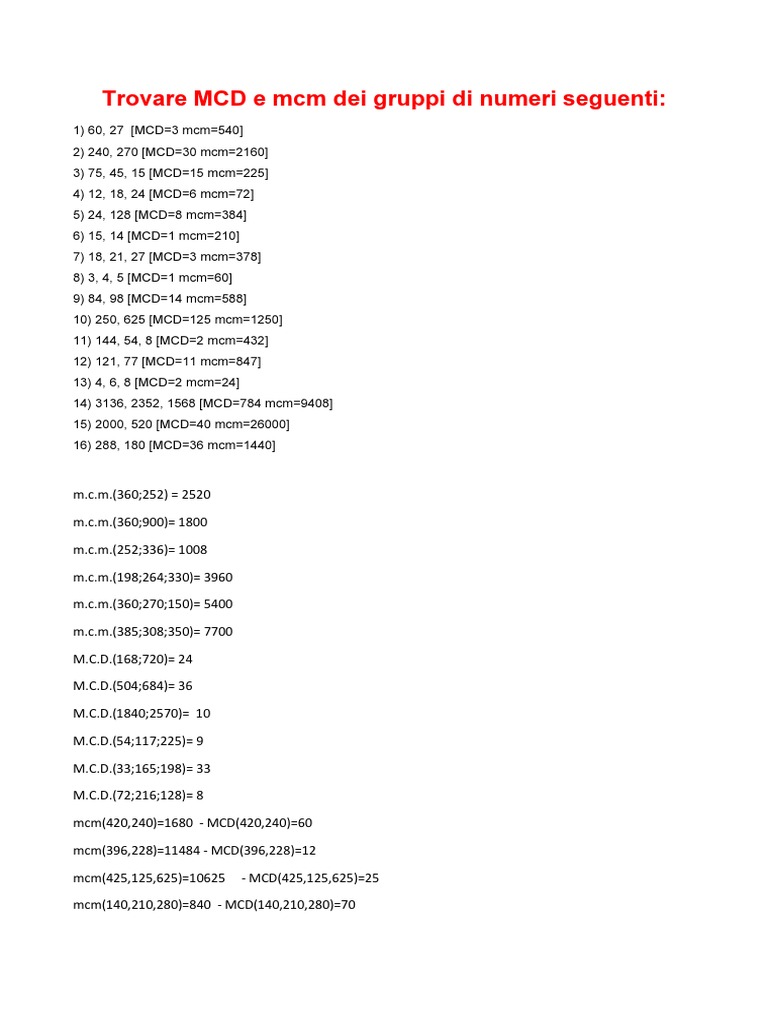 Trovare MCD e MCM Dei Gruppi Di Numeri Seguenti | PDF
