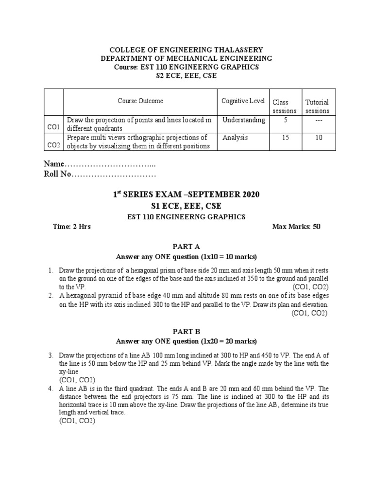 Be 110 Engg Graphics First Series Sept 2018 | PDF | Geometry | Space
