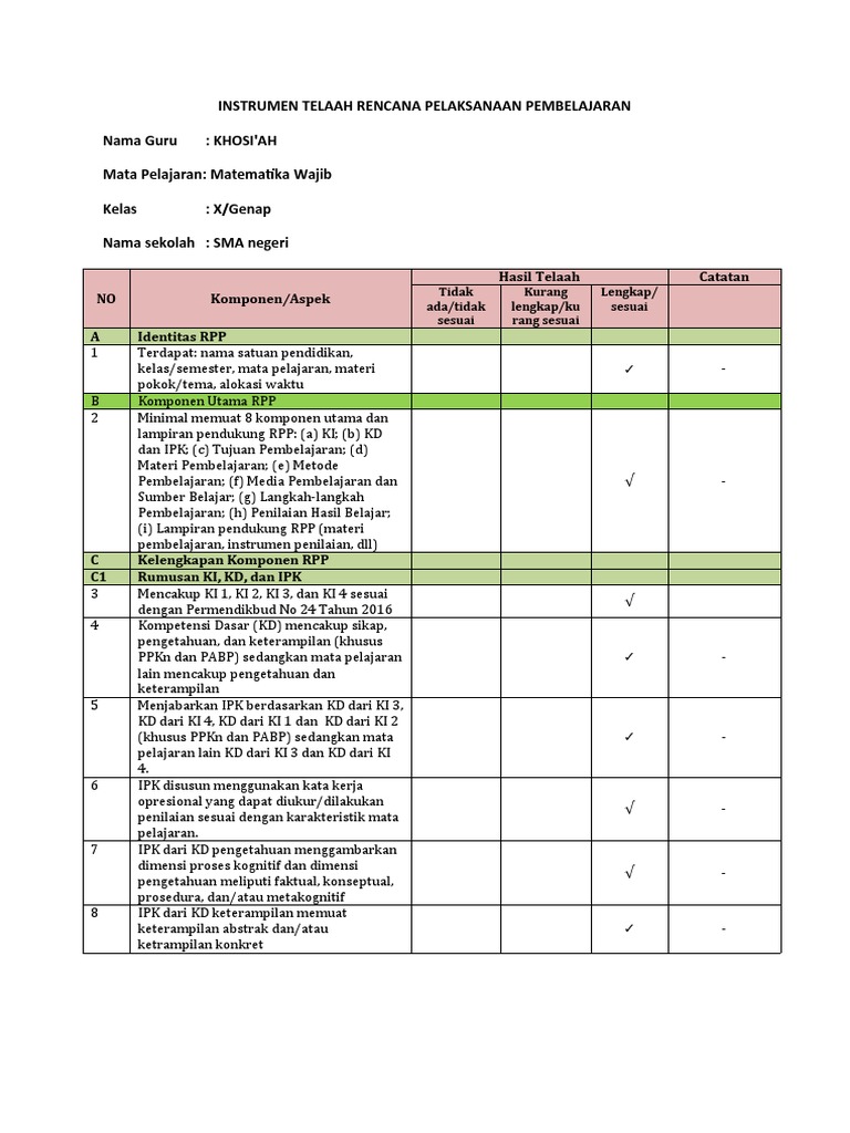 Contoh Menelaah RPP | PDF