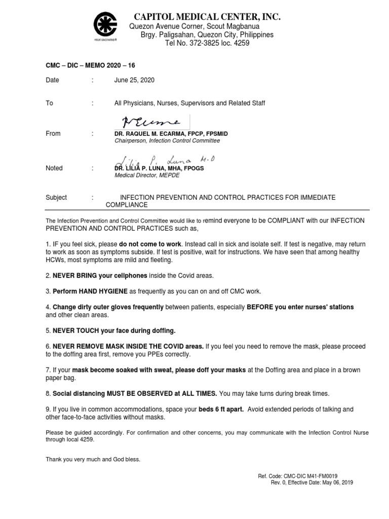 Memo 16-INFECTION PREVENTION AND CONTROL PRACTICES FOR IMMEDIATE ...