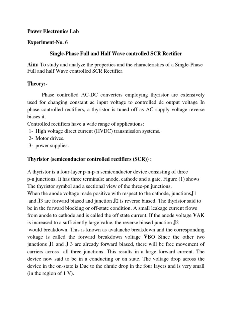 Power Electronics Lab Experiment-No. 6 Single-Phase Full and Half Wave Controlled SCR Rectifier ...