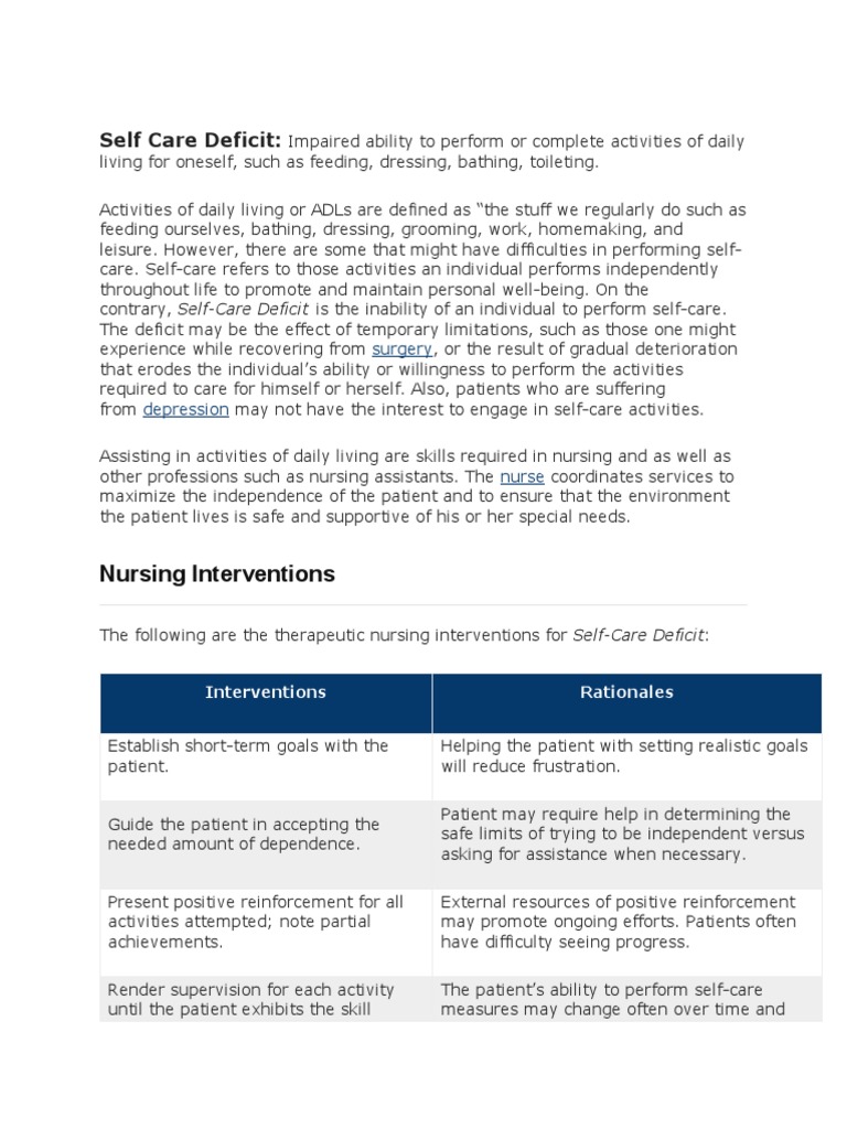 Self Care Deficit:: Nursing Interventions | PDF | Constipation ...