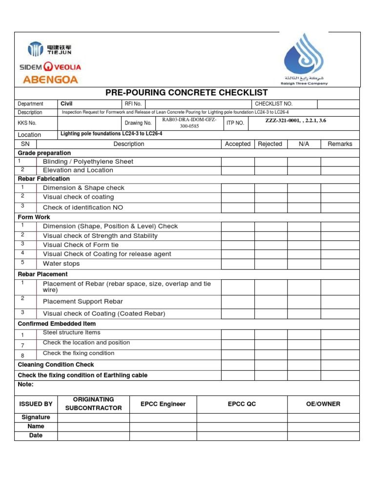 Pre-Pouring Concrete Checklist: Location SN Description Accepted ...