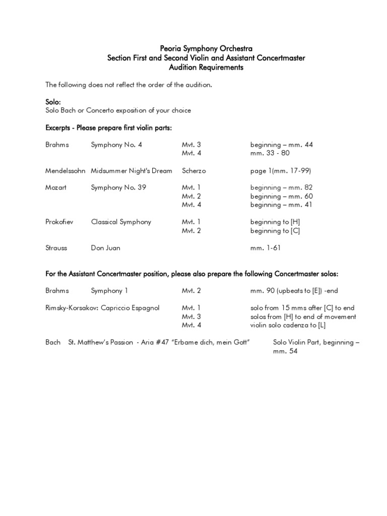 PSO Violin Audition Repertoire - Fall2019 | PDF | Orchestras | Johannes ...