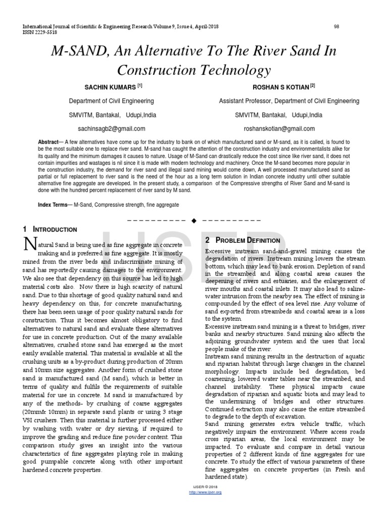 M SAND An Alternative To The River Sand in Construction Technology ...