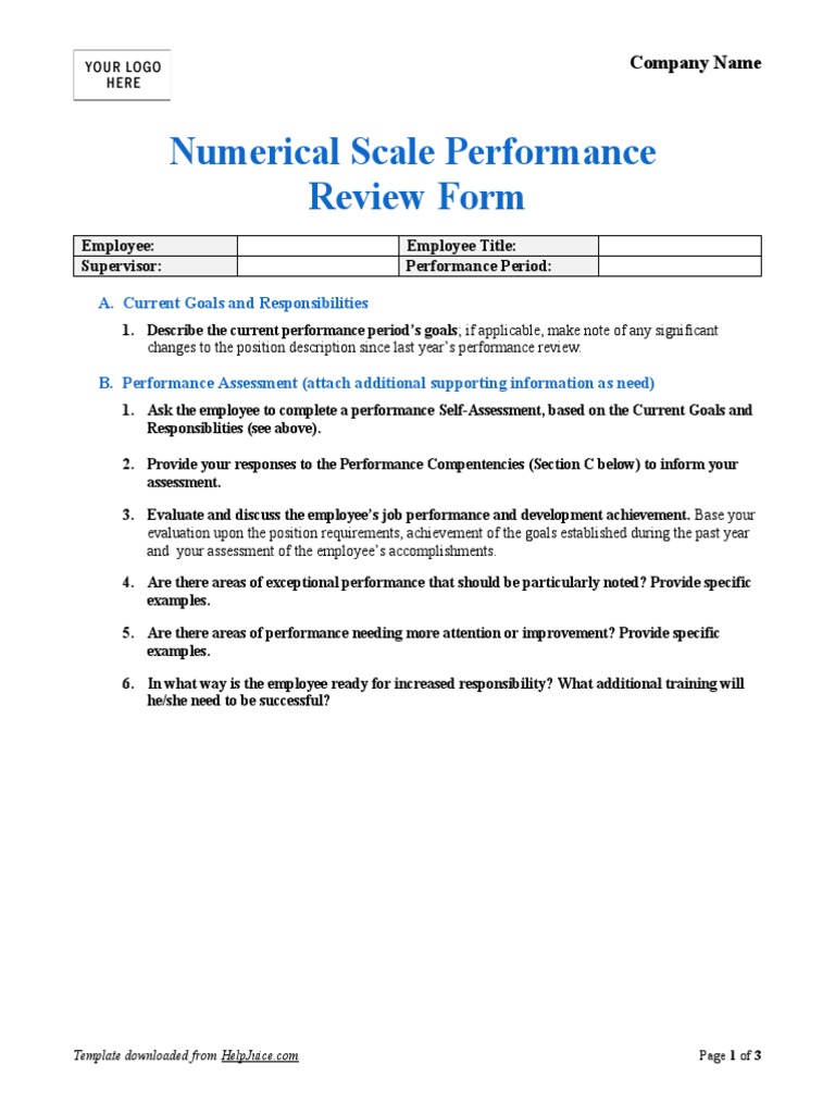 Numerical Scale Performance Review Form: Employee: Employee Title ...
