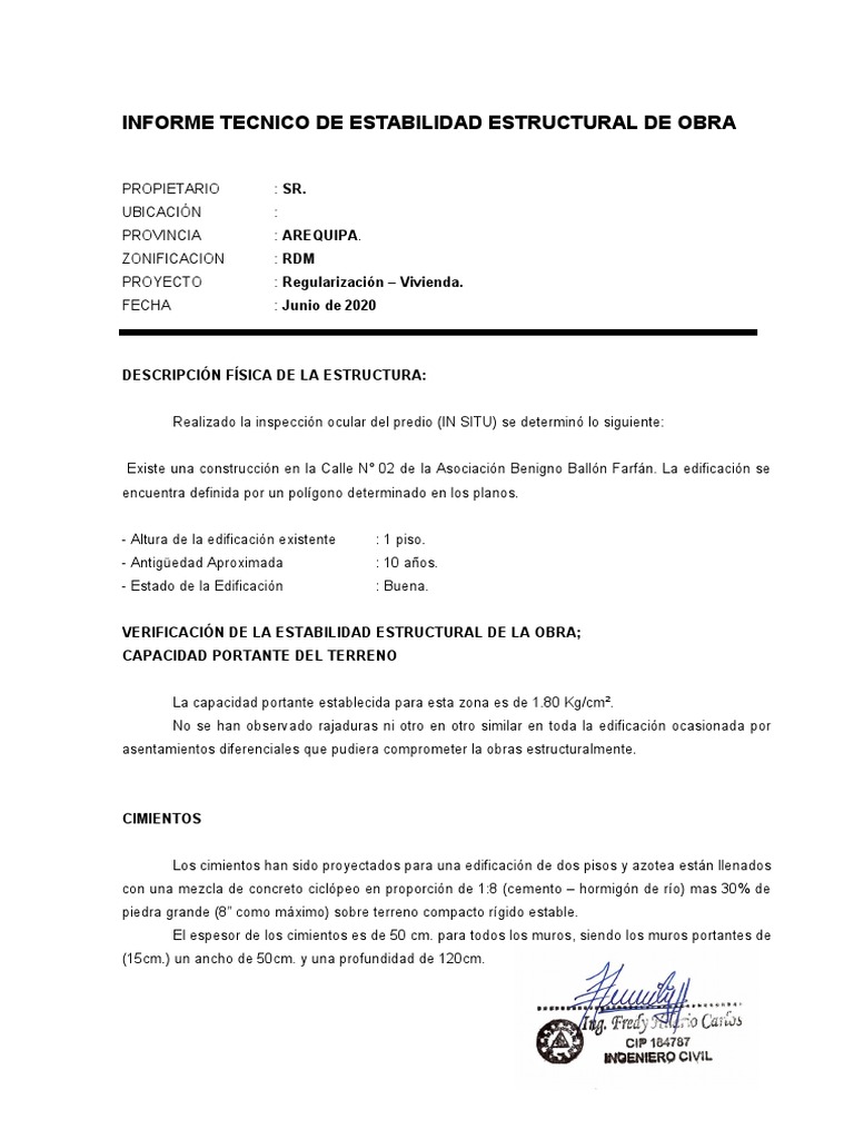 Certificado de Estabilidad Estructural | PDF | Fundación (Ingeniería) | Hormigón