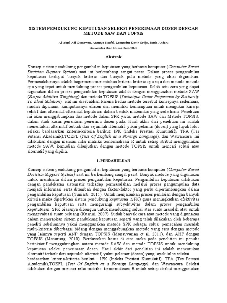 Sistem Pendukung Keputusan Seleksi Penerimaan Dosen Dengan Metode Saw Dan Topsis | PDF | Metode ...