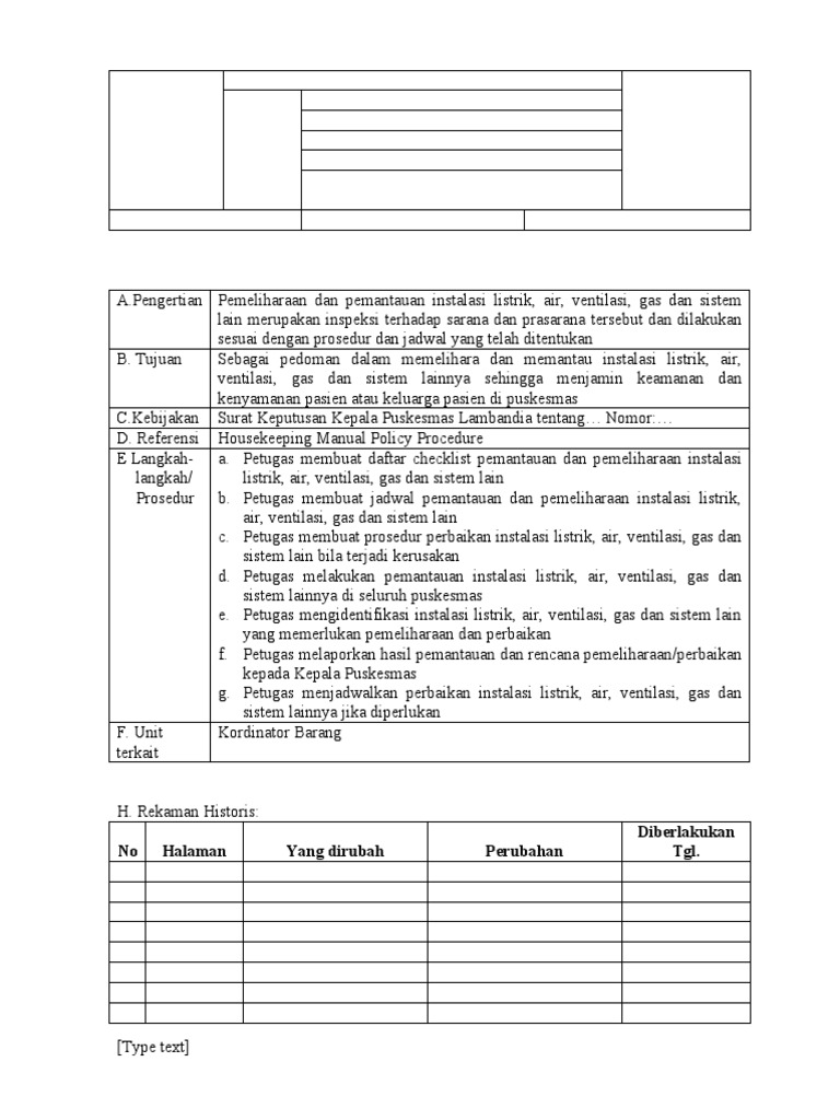 Sop Pemeliharaan Dan Pemantauan Instalasi Listrik Air Ventilasi Gas Dan Sistem | PDF