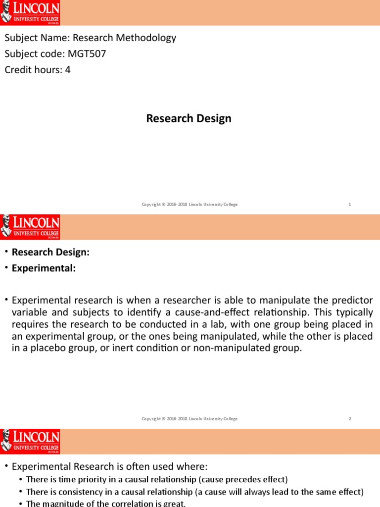 Research Design: Subject Name: Research Methodology Subject Code: MGT507 Credit Hours: 4 | PDF ...