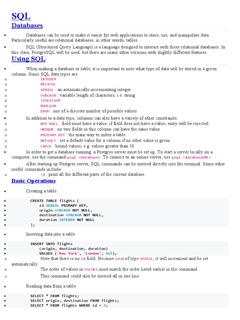 SQL - Notes | PDF | Postgre Sql | Sql