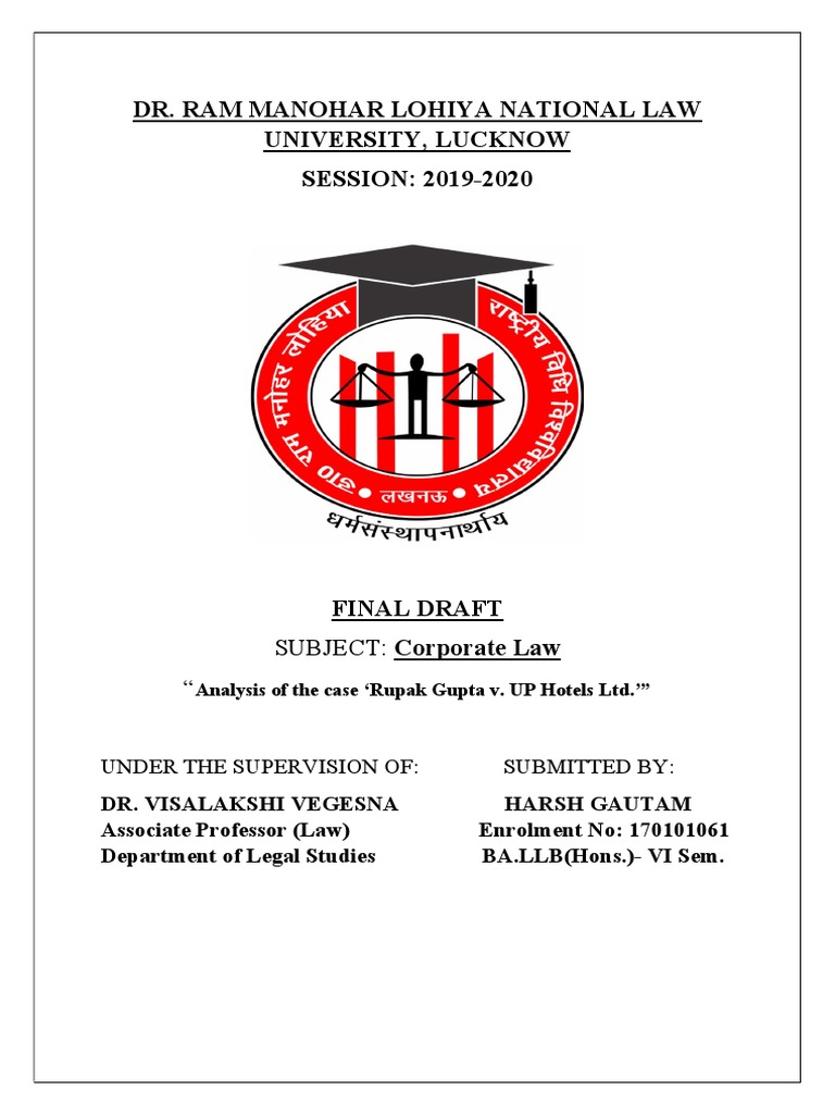 Corporate Law - Case Comment On Rupak Gupta v. UP Hotels Ltd. | PDF ...