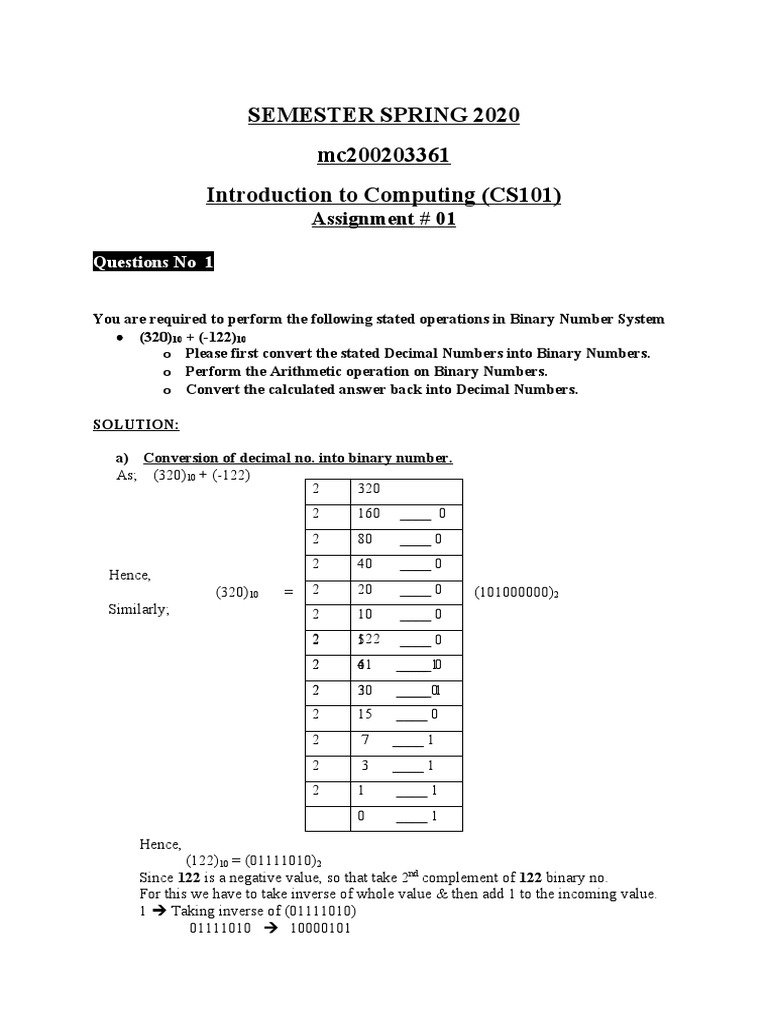 Semester Spring 2020 Mc200203361 Introduction To Computing Cs101 Pdf Arithmetic Decimal