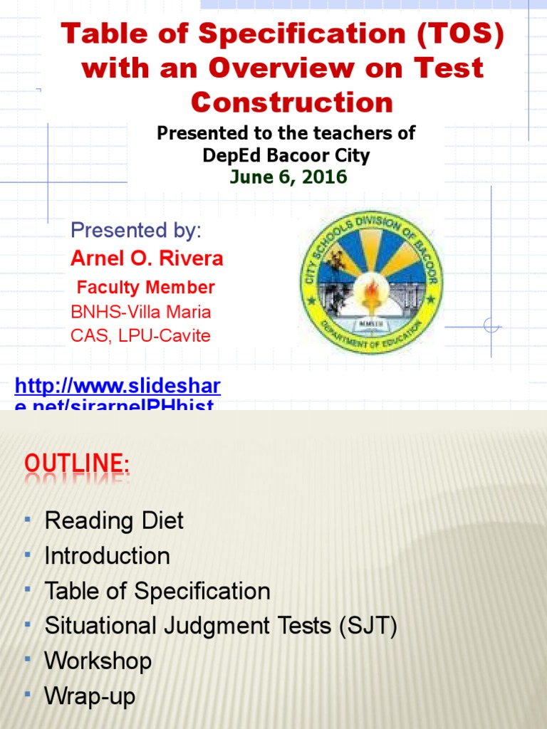 Table of Specification for Test Construction | PDF | Multiple Choice ...