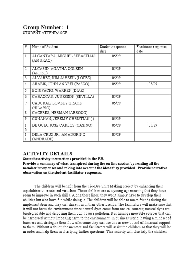 Group Number: 1: Activity Details | PDF | Facilitator | Creativity