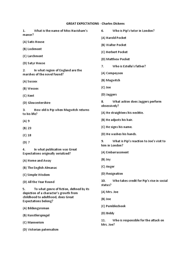 GREAT EXPECTATIONS Quiz | PDF | Great Expectations | Estella (Great ...