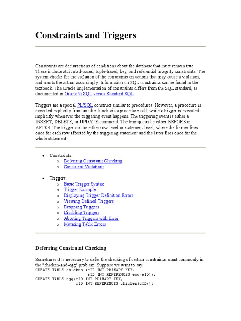 Constraints and Triggers: Deferring Constraint Checking | PDF | Pl/Sql | Parameter (Computer ...