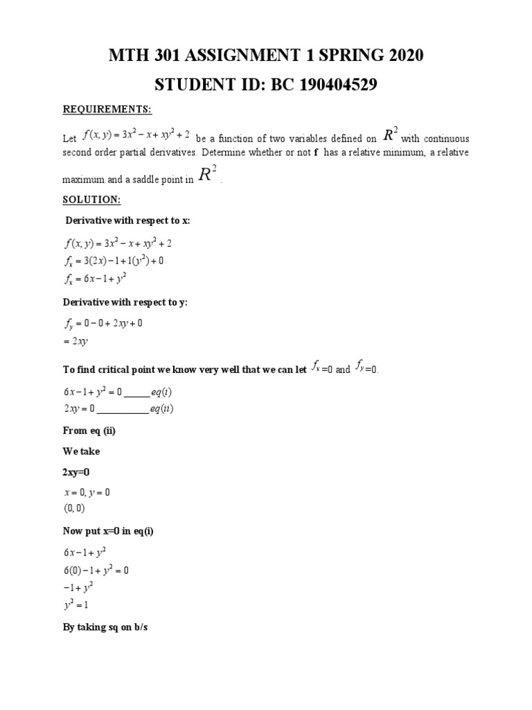 MTH 301 ASSIGNMENT1 bc190404529 | PDF | Maxima And Minima | Subtraction