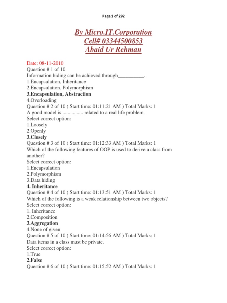 CS304 MId SolvedFULL FILE PDF | PDF | Class (Computer Programming) | Inheritance (Object ...