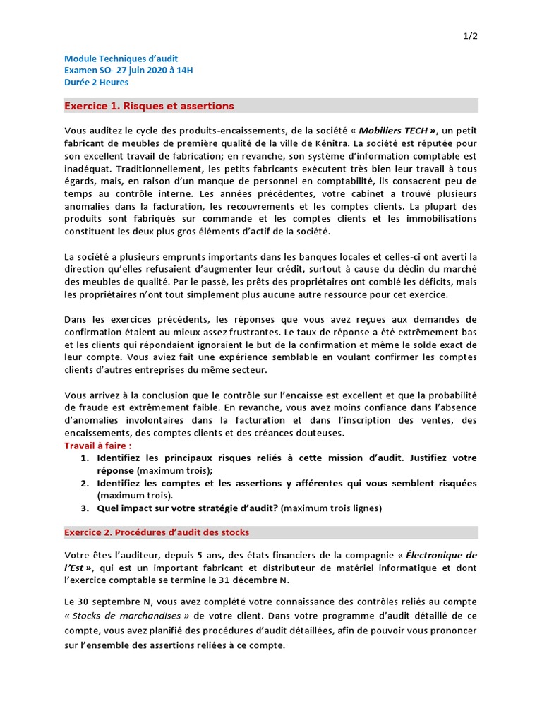 Examen SO 2020 - Module Techniques D'audit | PDF | Audit | Facture
