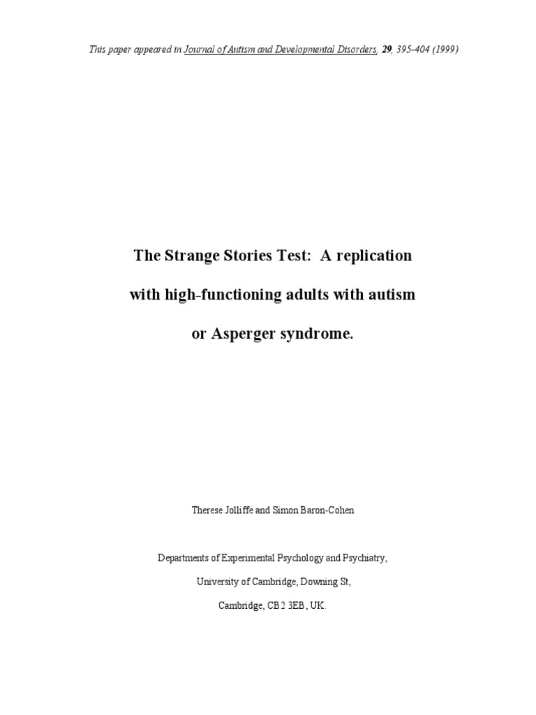 Strange Stories Test in Autism Adults | PDF | Autism | Asperger Syndrome