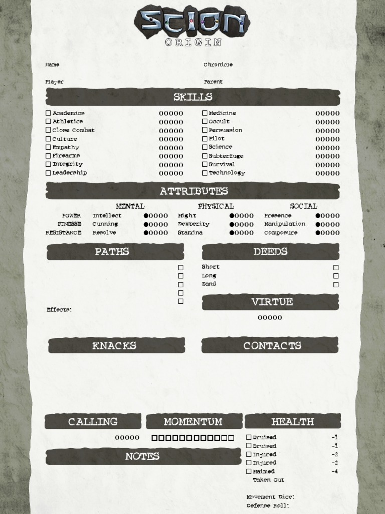 Scion 2e Origin Character Sheet Interactive PDF | PDF