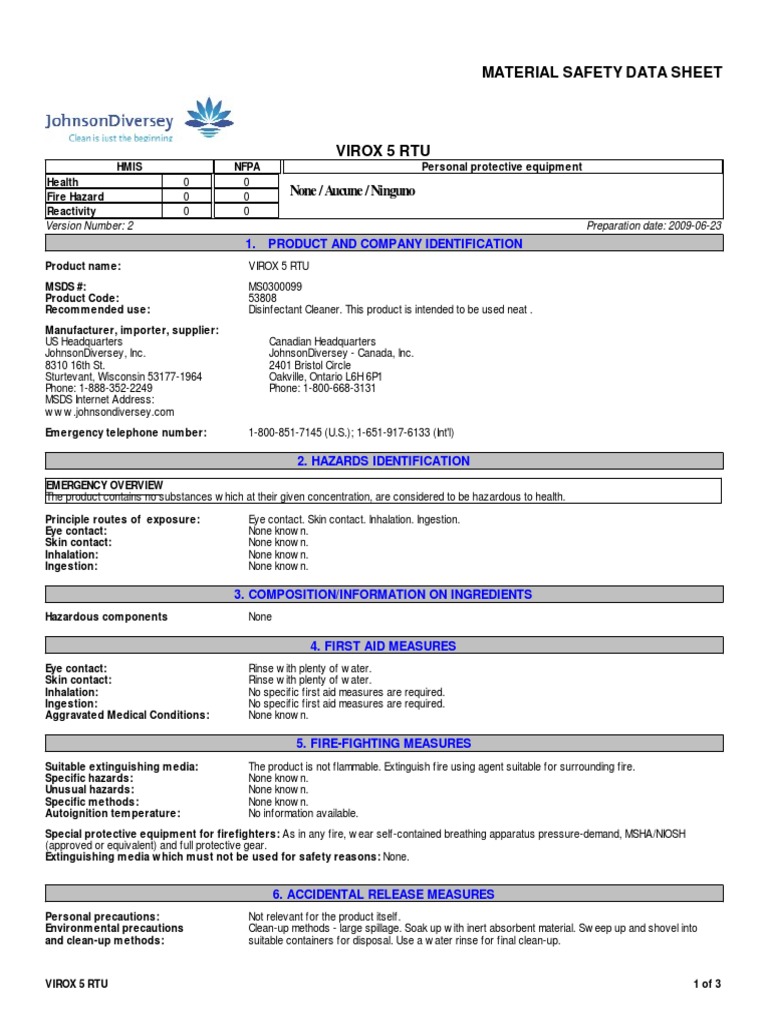 Safety Data Sheet for Virox 5 RTU Disinfectant Cleaner | PDF | Toxicity ...