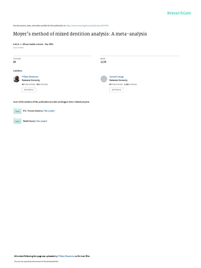 Moyer's Method of Mixed Dentition Analysis: A Meta-Analysis: African ...