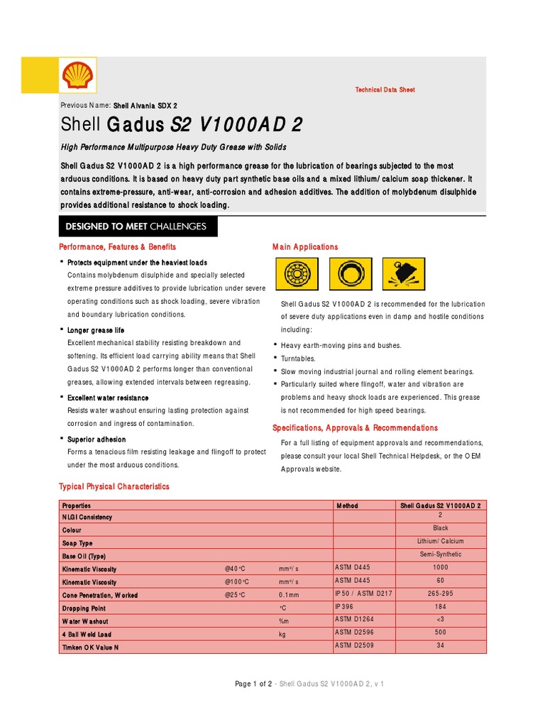 Shell Gadus S2 V1000AD 2 Technical Data Sheet | PDF | Mechanical ...
