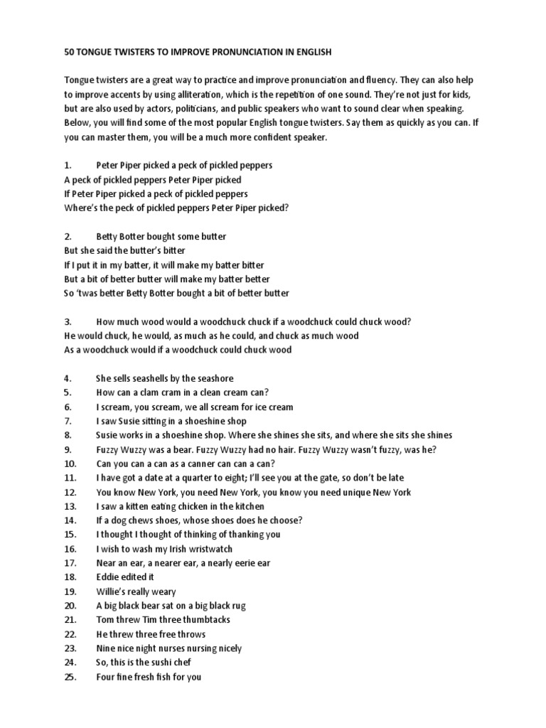 50 Tongue Twisters To Improve Pronunciation in English | PDF | Linguistics