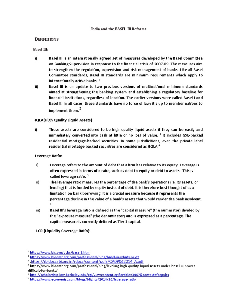 India and The BASEL-III Reforms Efinitions Basel III:: HQLA (High ...