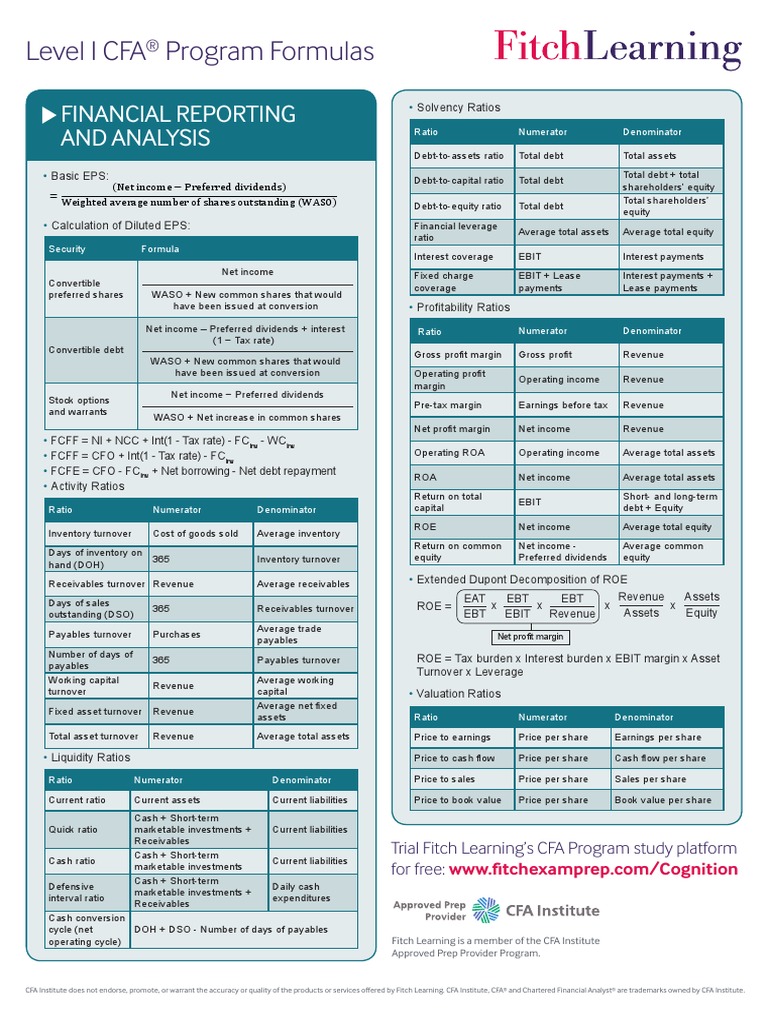 CFA Formula Sheet FRA | PDF | Revenue | Book Value