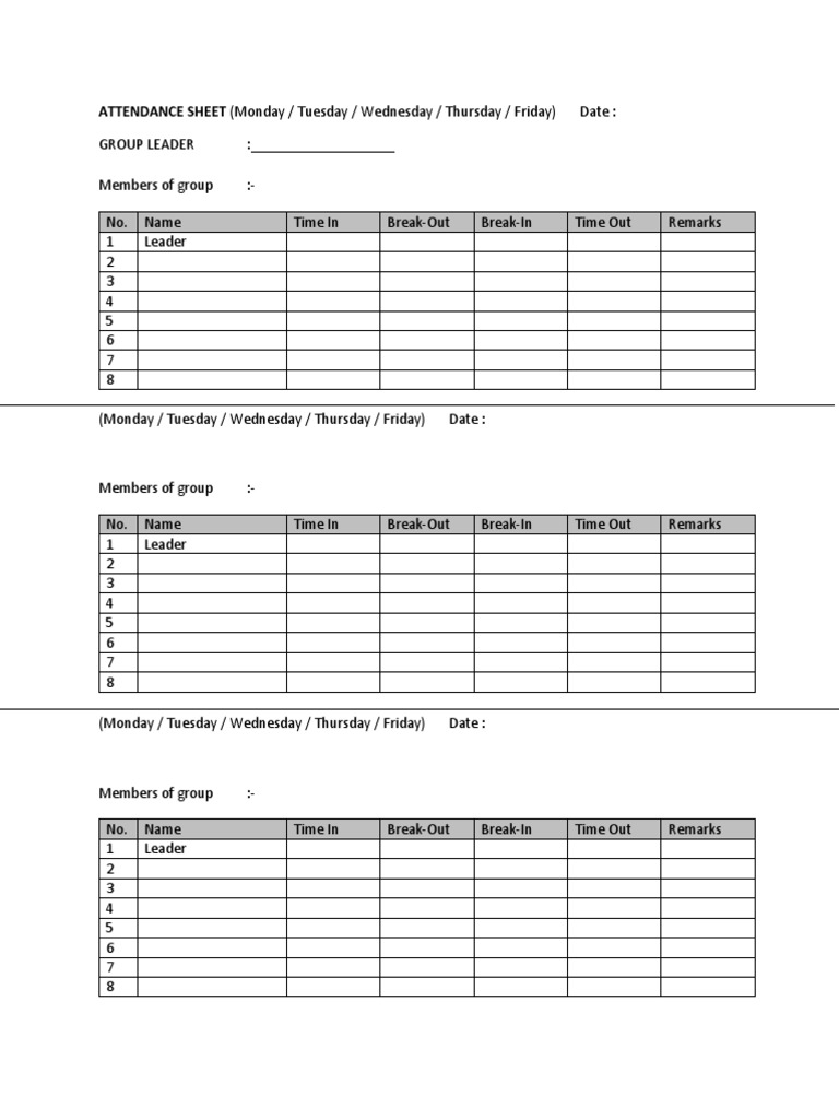 ATTENDANCE SHEET (Monday / Tuesday / Wednesday / Thursday / Friday ...