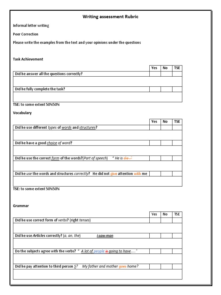 Writing Assessment Rubric: Task Achievement Yes No TSE | PDF