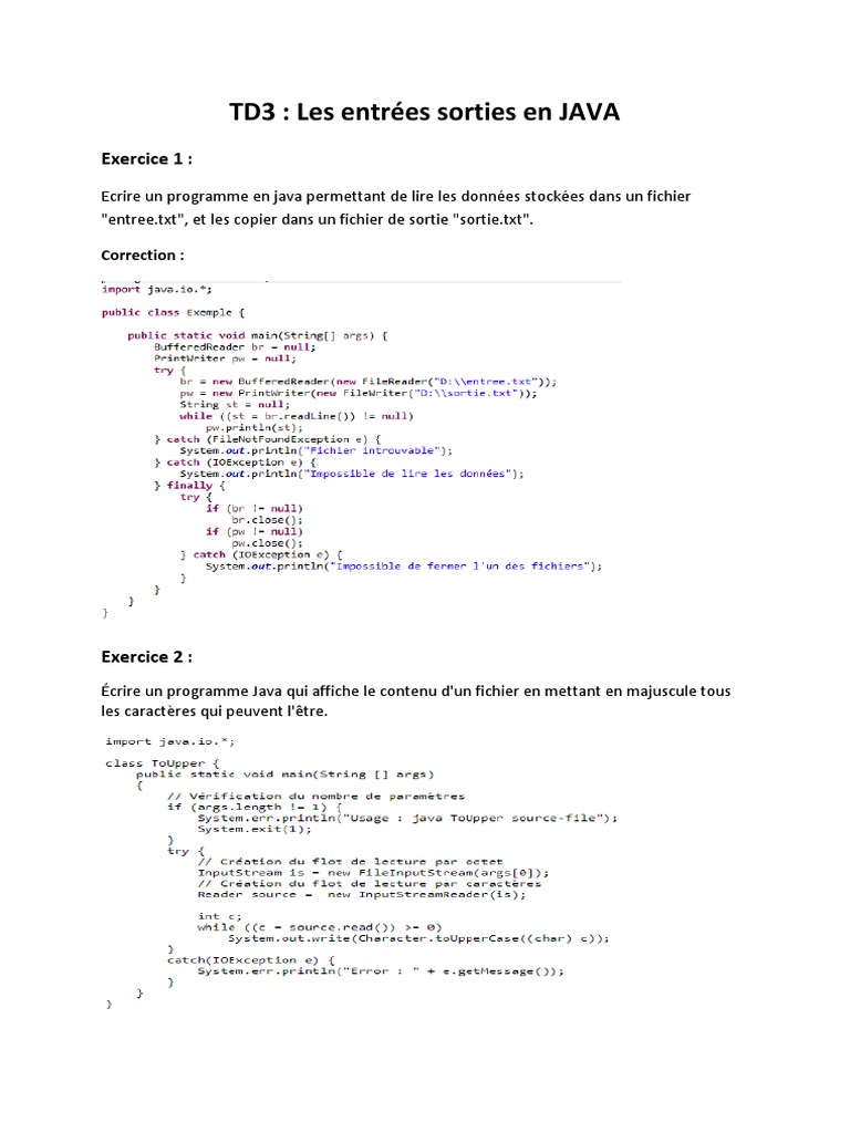 TD3: Les Entrées Sorties en JAVA: Exercice 1 | PDF | Ordinateurs