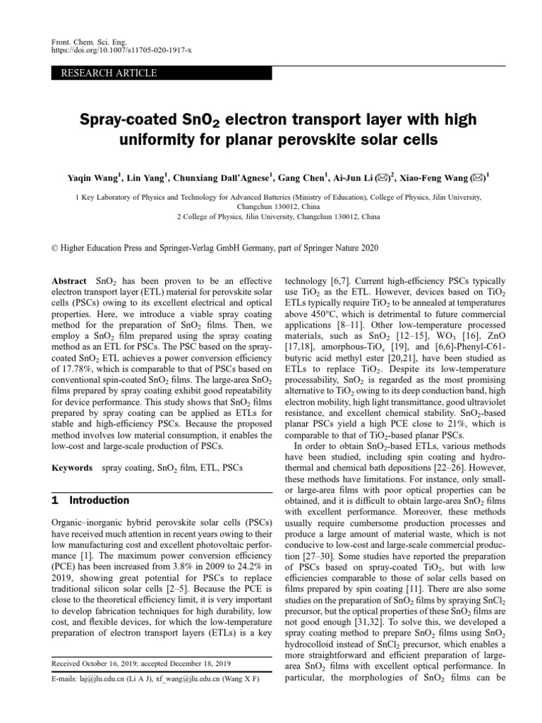 Wang Et Al. - 2020 - Spray-Coated SnO2 Electron Transport Layer With High Uniformity For Planar ...