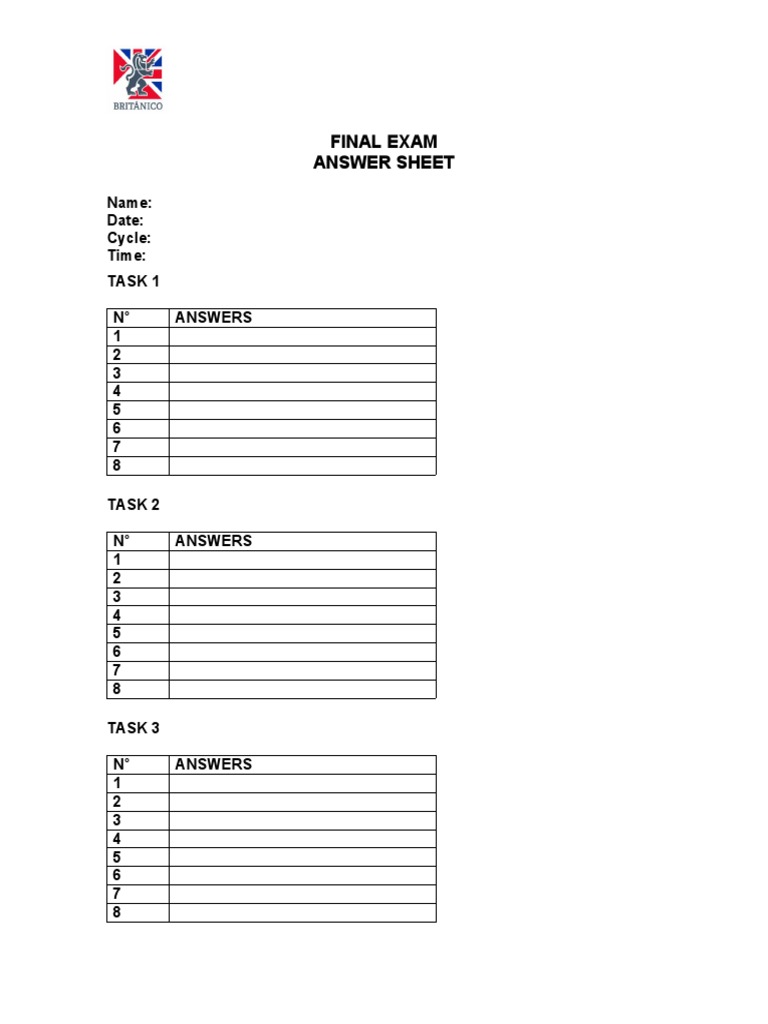 Final Exam and Reading Task - Answer Sheet | PDF