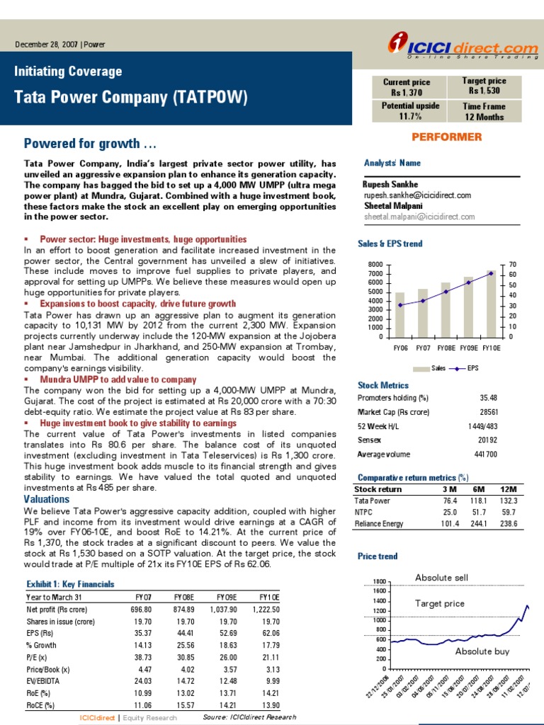 Tata Power Company (TATPOW) : Powered For Growth | PDF | Valuation ...