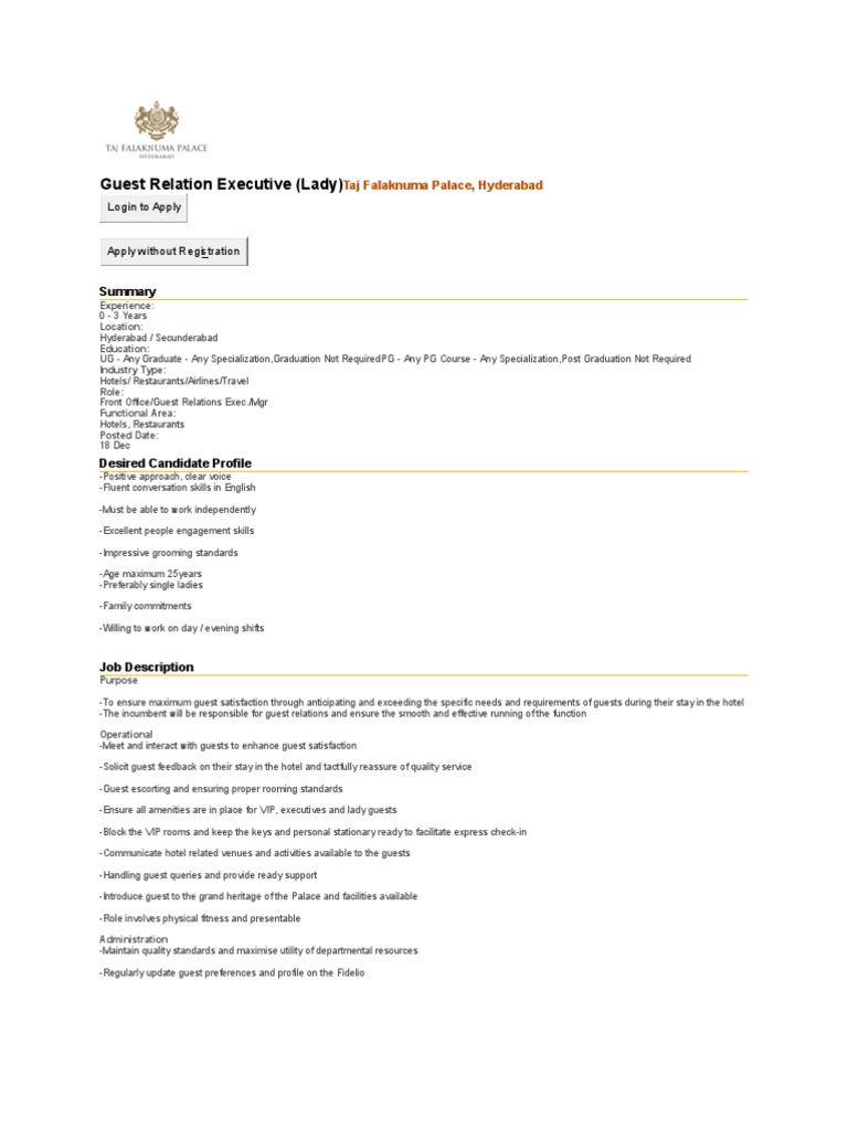 Guest Relation Executive Roles at Taj | PDF | Hotel And Accommodation ...