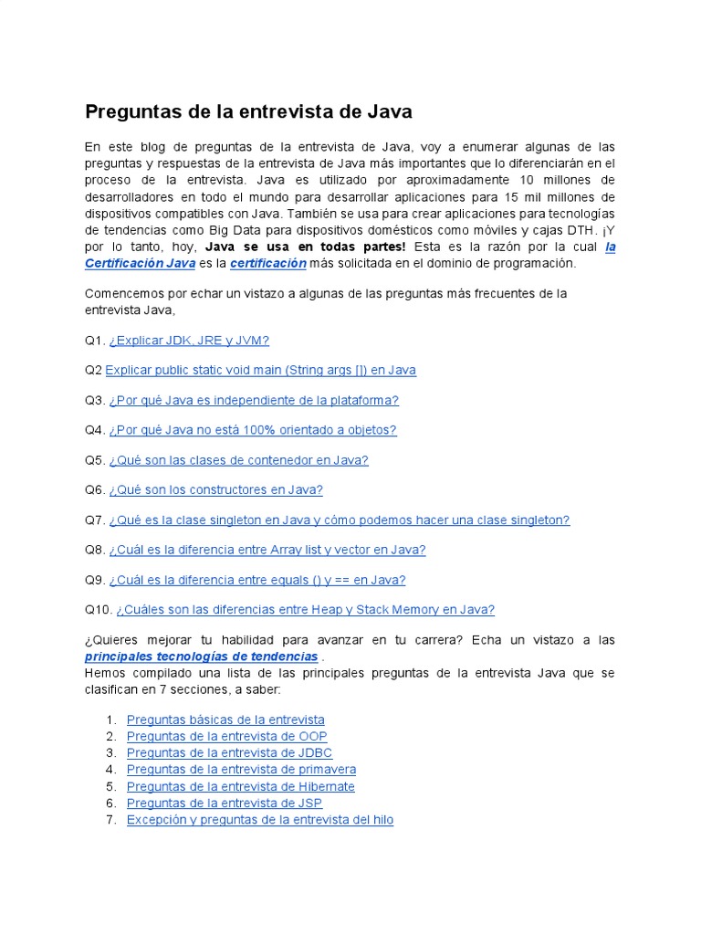 Preguntas JAVA | PDF | Java (lenguaje de programación) | Objeto (informática)