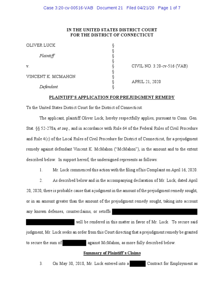 Motion For Prejudgment Remedy | PDF | Legal Remedy | Complaint