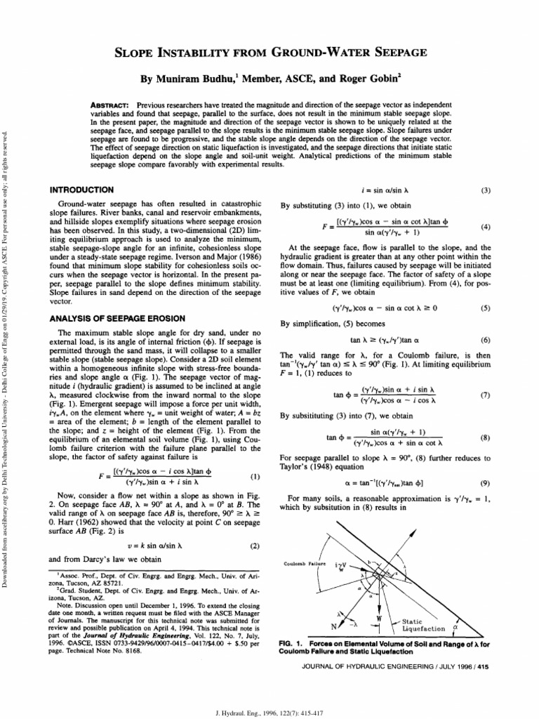 Slope Instability From Ground-Water Seepage by Muniram Budhu, Member ...