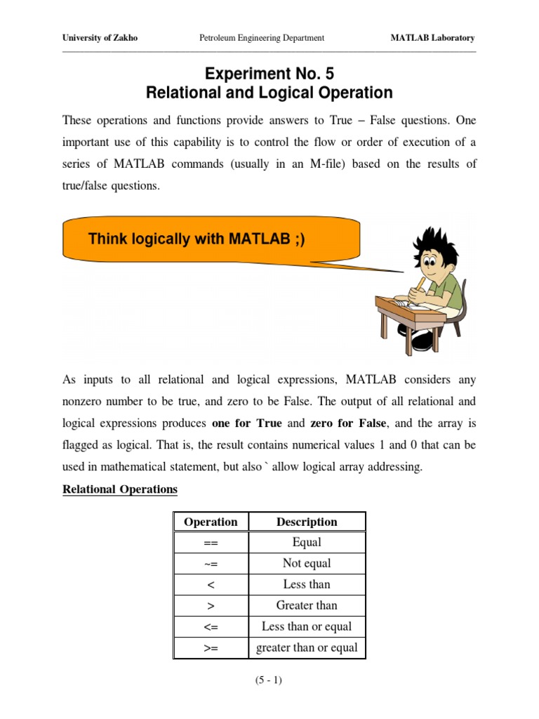 Experiment 5 Relational and Logical Operation | PDF | Matlab ...
