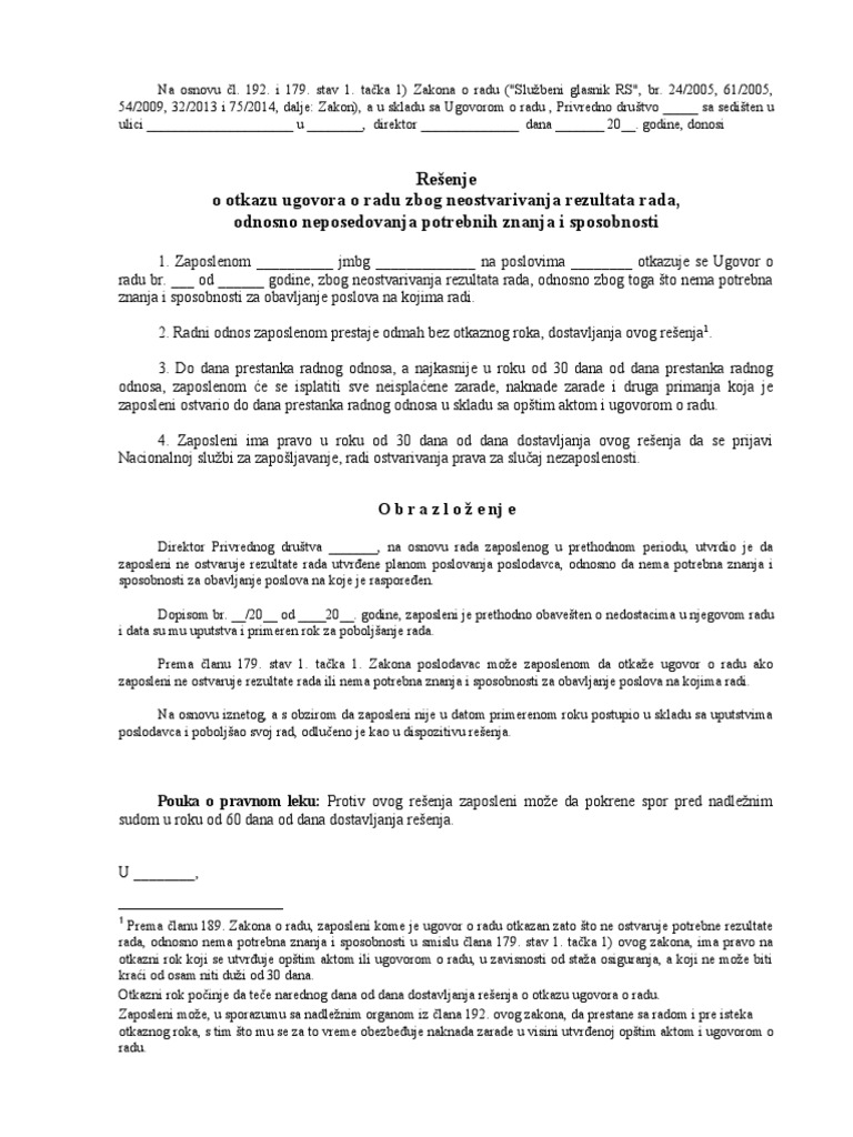 Resenje o Otkazu Ugovora o Radu Zbog Neostvarenih Rezultata Rada Odnosno Neposedovanja ...