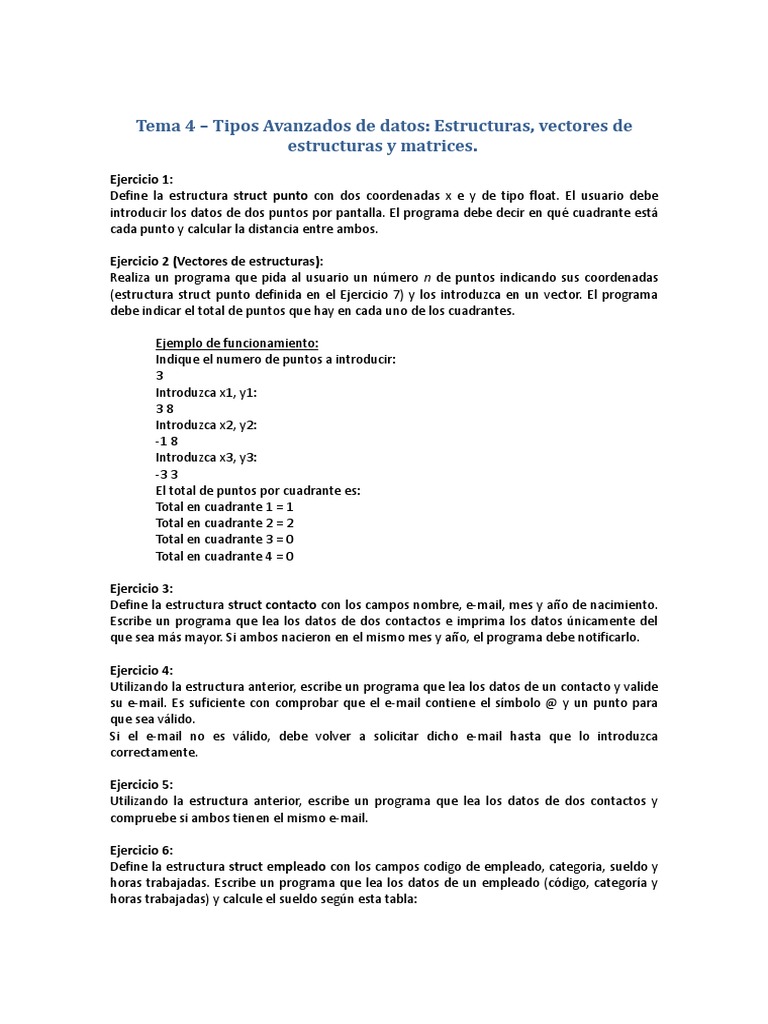 Tema4-Ejercicios-Estructuras y Vectores Estructuras | PDF | Matriz ...
