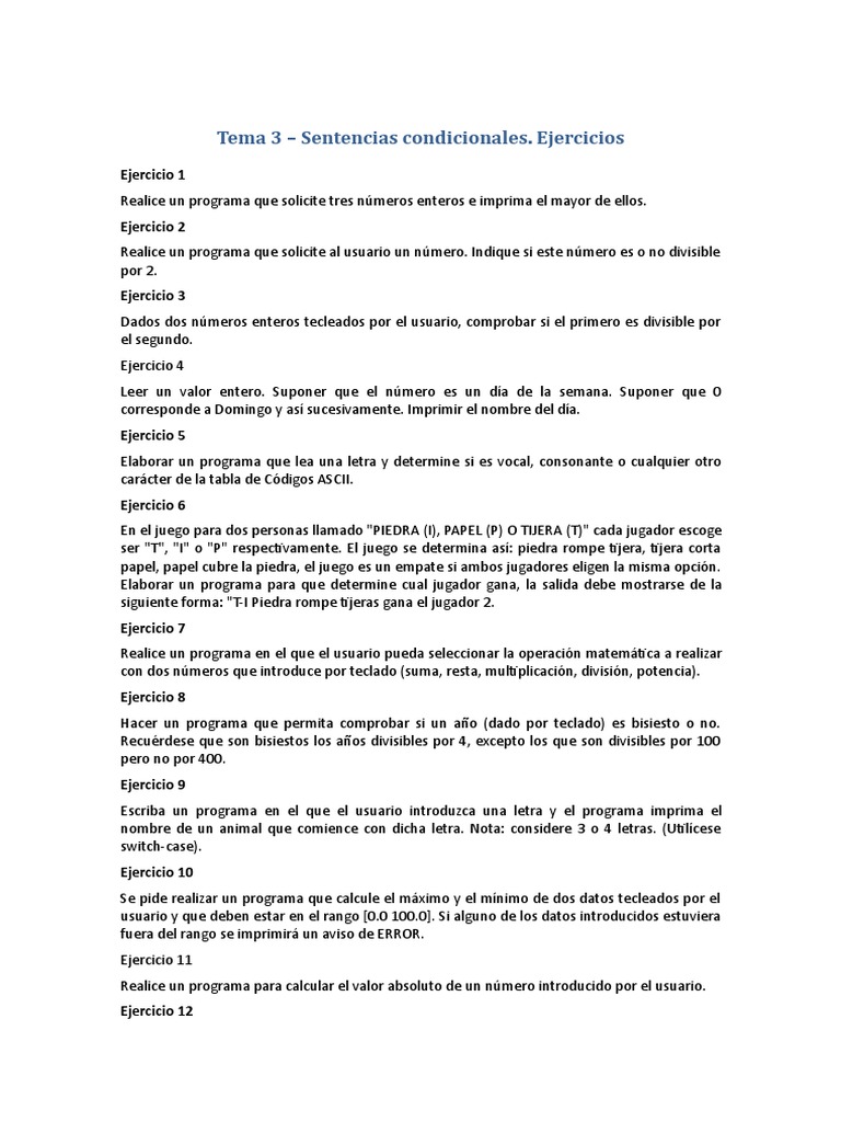 Tema3 Ejercicios Sentencias Condicionales | PDF | Enseñanza de matemática | Science