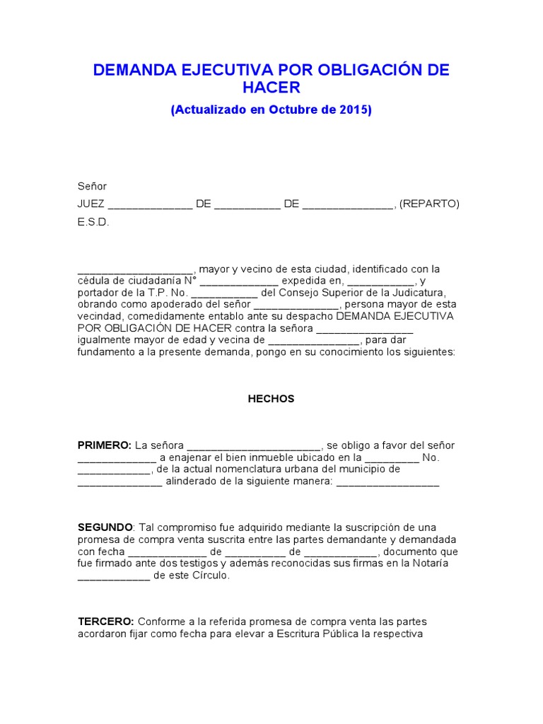 Modelo Demanda Ejecutiva Por Obligación de Hacer | PDF | Derecho Civil (Common Law) | Demanda ...