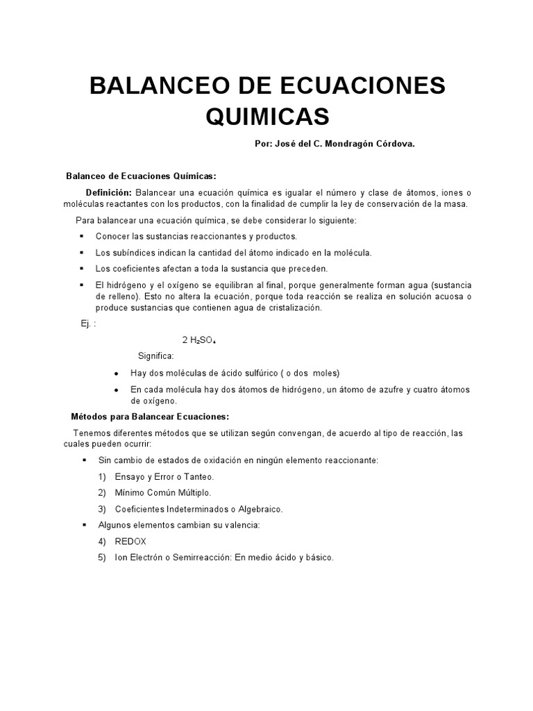 Balanceo Ecuaciones Quimicas | PDF | Redox | Química Física