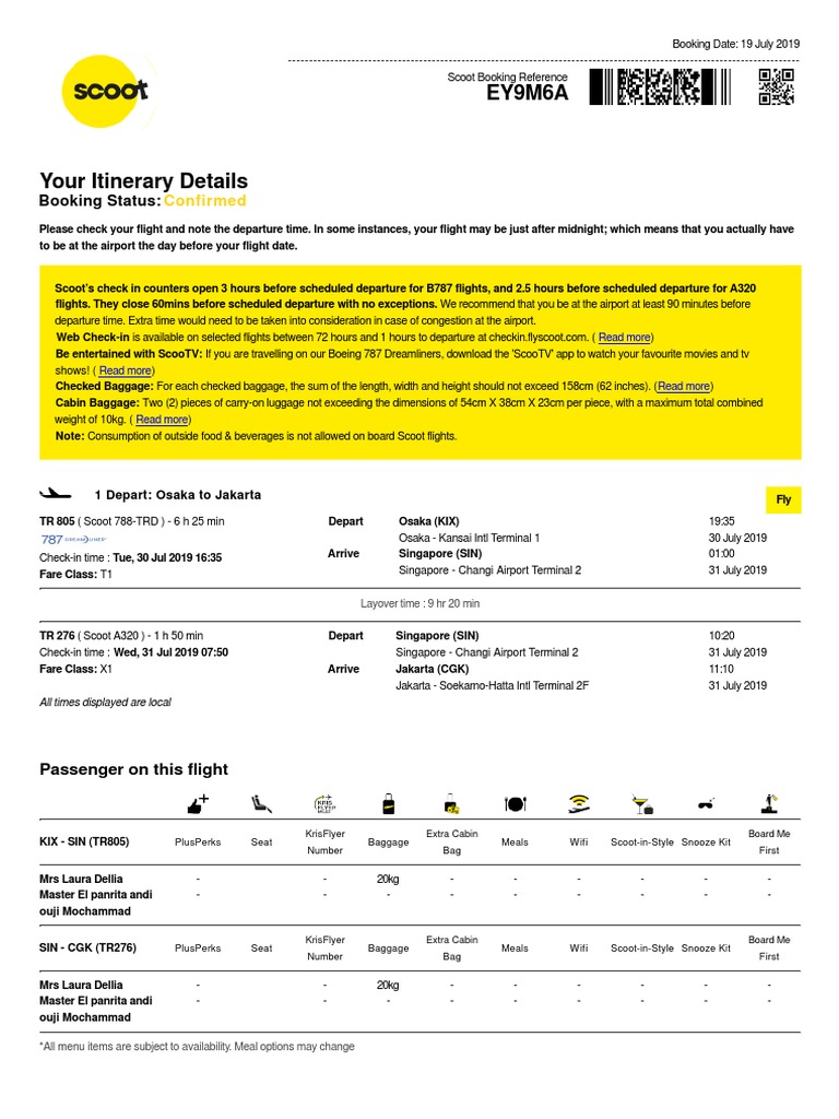 Flight Itinerary from Osaka to Jakarta via Singapore on Scoot Airlines ...